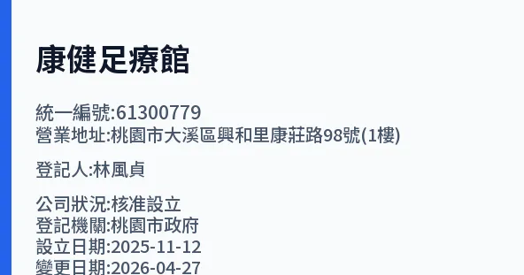 康健足療館的照片-統編 61300779(桃園市) 公司登記資料與營業項目詳細圖表