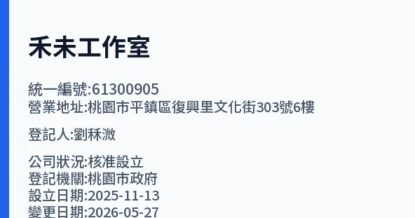 禾未工作室的照片-統編 61300905(桃園市) 公司登記資料與營業項目詳細圖表