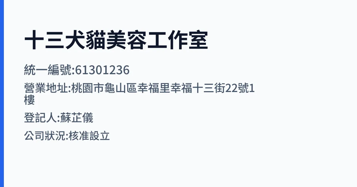 十三犬貓美容工作室 - 統編 61301236(桃園市) 公司登記資料與營業項目詳細圖表