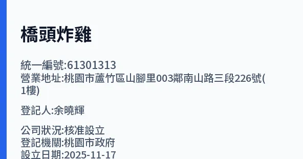 橋頭炸雞的照片-統編 61301313(桃園市) 公司登記資料與營業項目詳細圖表