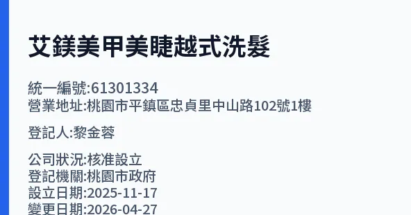艾鎂美甲美睫越式洗髮的照片-統編 61301334(桃園市) 公司登記資料與營業項目詳細圖表