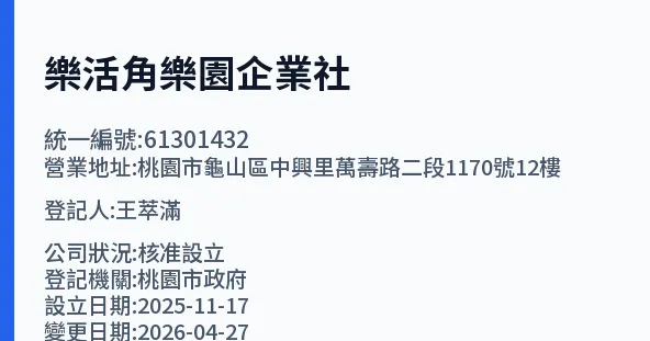 樂活角樂園企業社的照片-統編 61301432(桃園市) 公司登記資料與營業項目詳細圖表