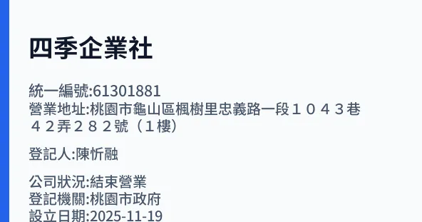 四季企業社的照片-統編 61301881(桃園市) 公司登記資料與營業項目詳細圖表