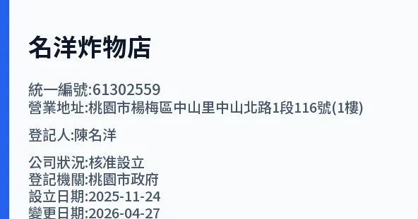 名洋炸物店的照片-統編 61302559(桃園市) 公司登記資料與營業項目詳細圖表