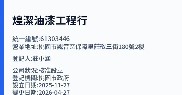 煌潔油漆工程行的照片-統編 61303446(桃園市) 公司登記資料與營業項目詳細圖表