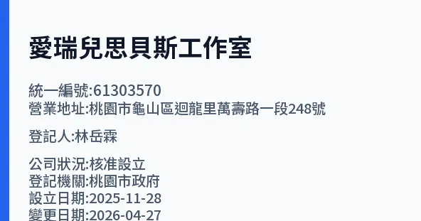 愛瑞兒思貝斯工作室的照片-統編 61303570(桃園市) 公司登記資料與營業項目詳細圖表