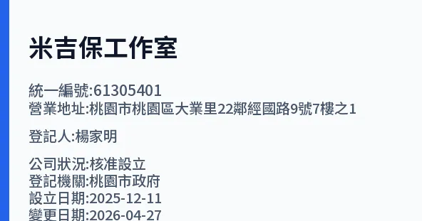 米吉保工作室的照片-統編 61305401(桃園市) 公司登記資料與營業項目詳細圖表
