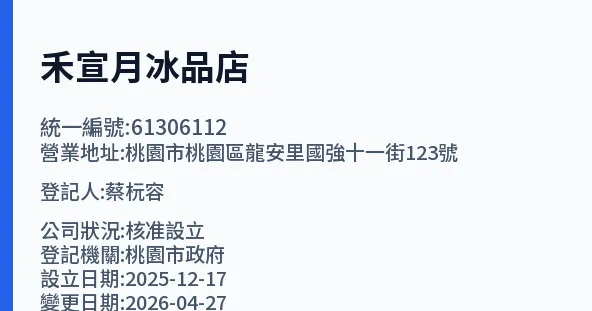 禾宣月冰品店的照片-統編 61306112(桃園市) 公司登記資料與營業項目詳細圖表