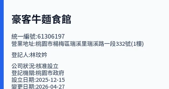 豪客牛麵食館的照片-統編 61306197(桃園市) 公司登記資料與營業項目詳細圖表