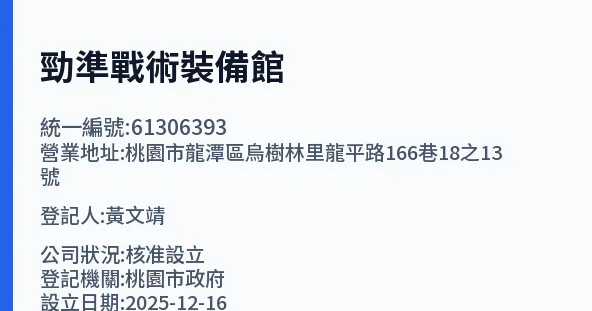 勁準戰術裝備館的照片-統編 61306393(桃園市) 公司登記資料與營業項目詳細圖表
