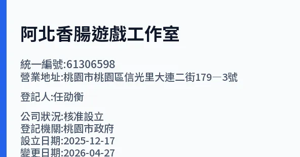 阿北香腸遊戲工作室的照片-統編 61306598(桃園市) 公司登記資料與營業項目詳細圖表