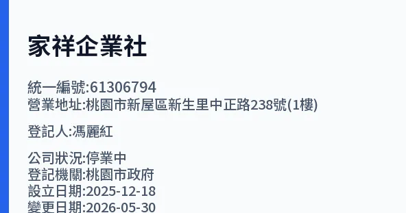 家祥企業社的照片-統編 61306794(桃園市) 公司登記資料與營業項目詳細圖表