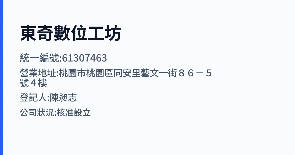 東奇數位工坊 - 統編 61307463(桃園市) 公司登記資料與營業項目詳細圖表
