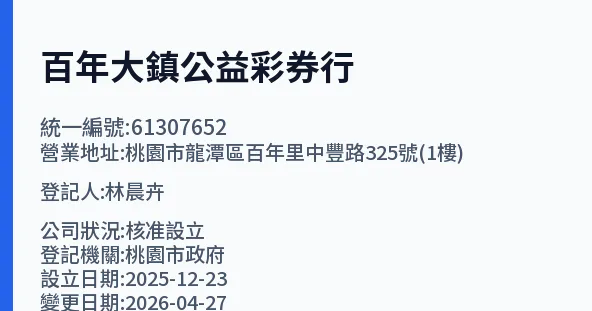 百年大鎮公益彩券行的照片-統編 61307652(桃園市) 公司登記資料與營業項目詳細圖表