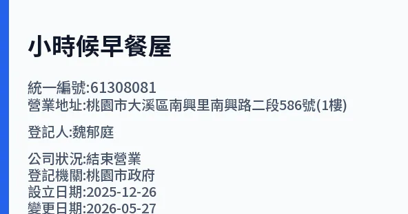 小時候早餐屋的照片-統編 61308081(桃園市) 公司登記資料與營業項目詳細圖表
