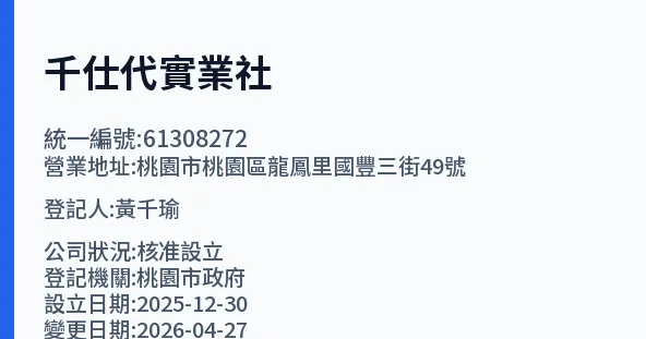 千仕代實業社的照片-統編 61308272(桃園市) 公司登記資料與營業項目詳細圖表