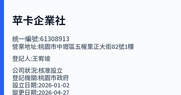 苹卡企業社的照片-統編 61308913(桃園市) 公司登記資料與營業項目詳細圖表