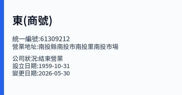 東(商號)的照片-統編 61309212(南投縣) 公司登記資料與營業項目詳細圖表