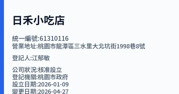 日禾小吃店的照片-統編 61310116(桃園市) 公司登記資料與營業項目詳細圖表