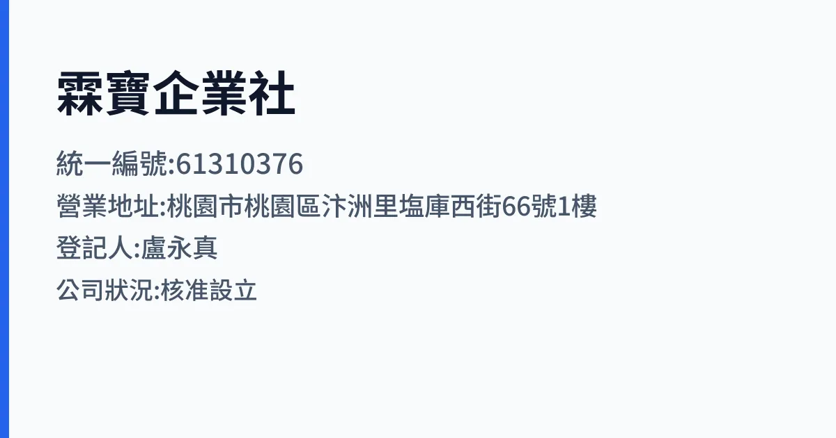 霖寶企業社 - 統編 61310376 (桃園市) 公司登記資料與營業項目詳細圖表