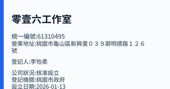 零壹六工作室的照片-統編 61310495(桃園市) 公司登記資料與營業項目詳細圖表