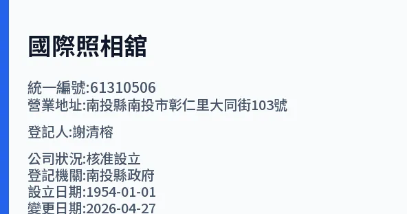 國際照相舘的照片-統編 61310506(南投縣) 公司登記資料與營業項目詳細圖表