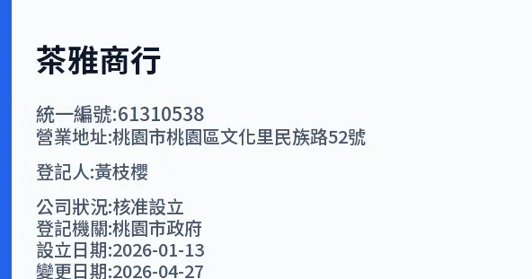 茶雅商行的照片-統編 61310538(桃園市) 公司登記資料與營業項目詳細圖表