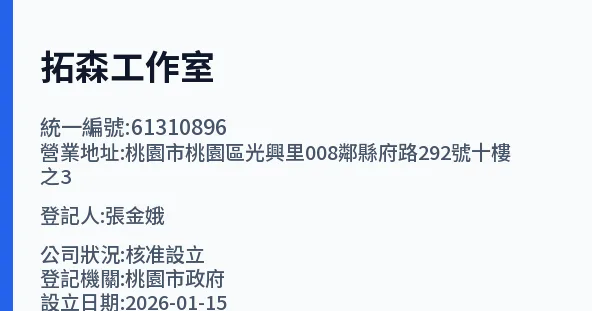 拓森工作室的照片-統編 61310896(桃園市) 公司登記資料與營業項目詳細圖表