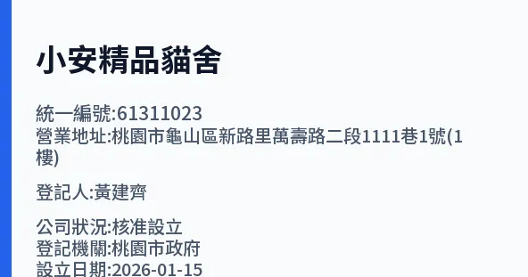 小安精品貓舍的照片-統編 61311023(桃園市) 公司登記資料與營業項目詳細圖表