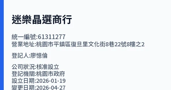 迷樂晶選商行的照片-統編 61311277(桃園市) 公司登記資料與營業項目詳細圖表