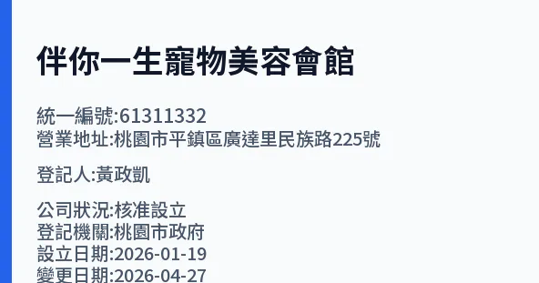伴你一生寵物美容會館的照片-統編 61311332(桃園市) 公司登記資料與營業項目詳細圖表