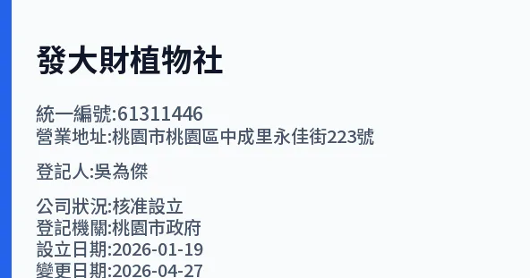 發大財植物社的照片-統編 61311446(桃園市) 公司登記資料與營業項目詳細圖表