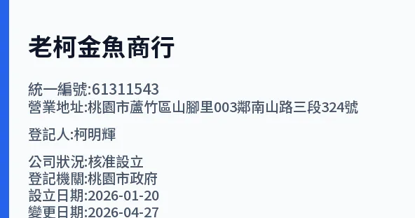 老柯金魚商行的照片-統編 61311543(桃園市) 公司登記資料與營業項目詳細圖表