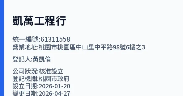 凱萬工程行的照片-統編 61311558(桃園市) 公司登記資料與營業項目詳細圖表