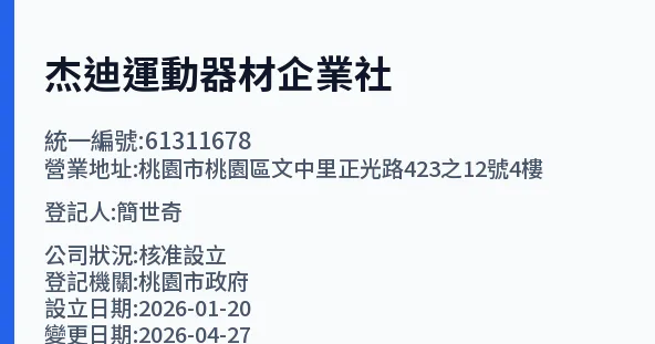 杰迪運動器材企業社的照片-統編 61311678(桃園市) 公司登記資料與營業項目詳細圖表