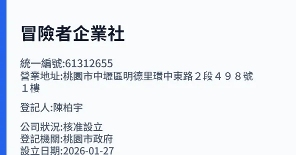 冒險者企業社的照片-統編 61312655(桃園市) 公司登記資料與營業項目詳細圖表