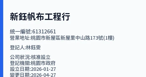 新鈺帆布工程行的照片-統編 61312661(桃園市) 公司登記資料與營業項目詳細圖表