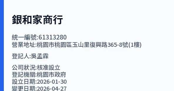 銀和家商行的照片-統編 61313280(桃園市) 公司登記資料與營業項目詳細圖表