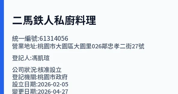 二馬鉄人私廚料理的照片-統編 61314056(桃園市) 公司登記資料與營業項目詳細圖表