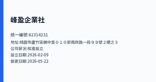 峰盈企業社的照片-統編 61314231(桃園市) 公司登記資料與營業項目詳細圖表