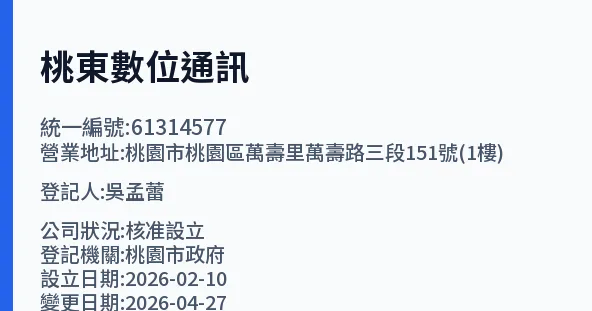 桃東數位通訊的照片-統編 61314577(桃園市) 公司登記資料與營業項目詳細圖表