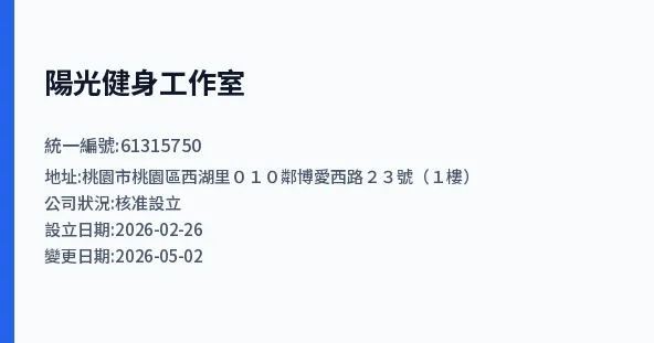 陽光健身工作室的照片-統編 61315750(桃園市) 公司登記資料與營業項目詳細圖表