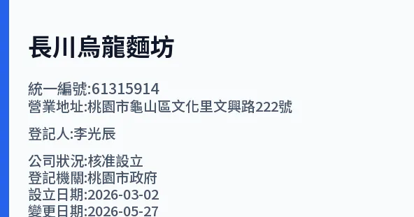 長川烏龍麵坊的照片-統編 61315914(桃園市) 公司登記資料與營業項目詳細圖表