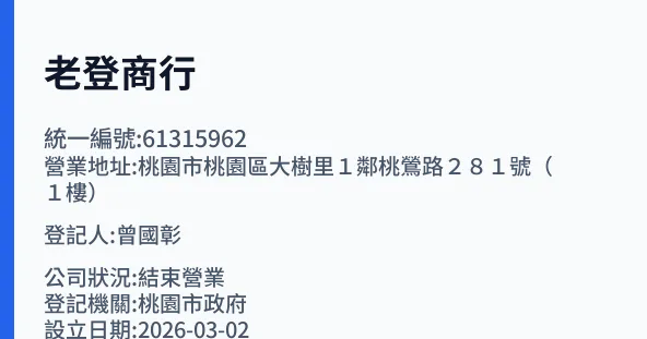 老登商行的照片-統編 61315962(桃園市) 公司登記資料與營業項目詳細圖表
