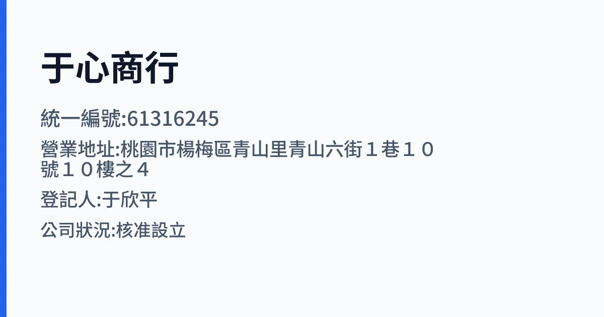 于心商行 - 統編 61316245(桃園市) 公司登記資料與營業項目詳細圖表
