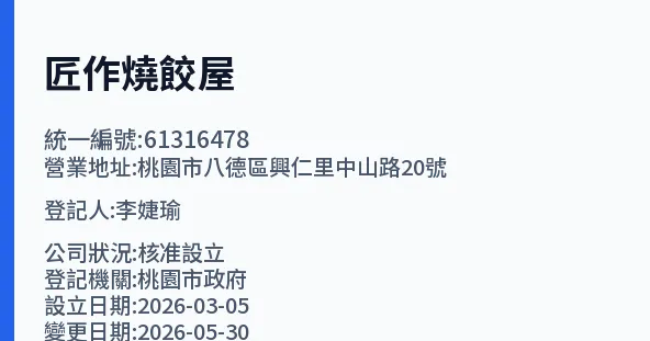 匠作燒餃屋的照片-統編 61316478(桃園市) 公司登記資料與營業項目詳細圖表