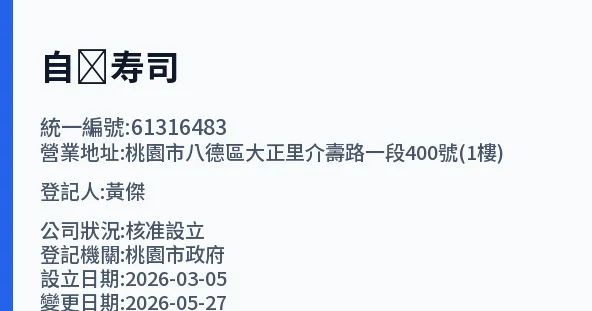 自楽寿司的照片-統編 61316483(桃園市) 公司登記資料與營業項目詳細圖表