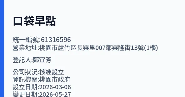 口袋早點的照片-統編 61316596(桃園市) 公司登記資料與營業項目詳細圖表