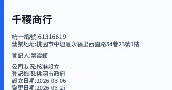 千稷商行的照片-統編 61316619(桃園市) 公司登記資料與營業項目詳細圖表