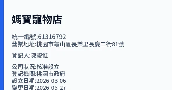 媽寶寵物店的照片-統編 61316792(桃園市) 公司登記資料與營業項目詳細圖表